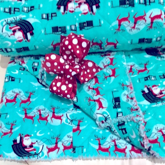 Hand Crafted | Holiday | Santa And Reindeer Rag Quilt Nwt 74x74 Cut ...